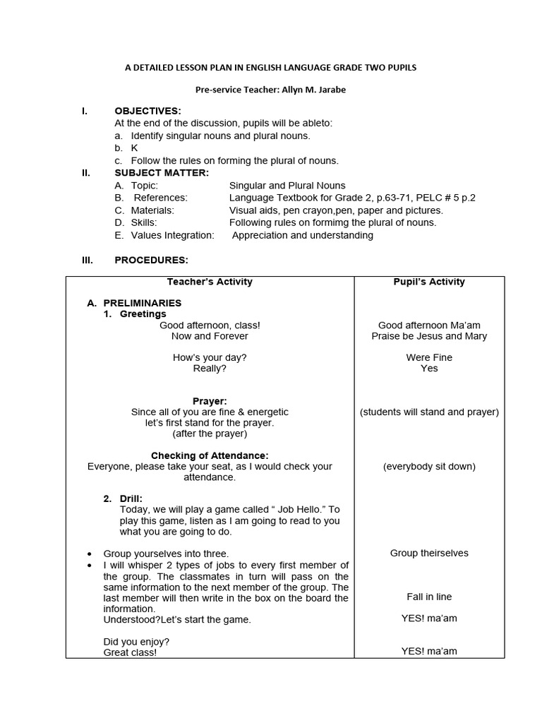 Grade2 Lesson Plan | Download Free PDF | Plural | Grammatical Number