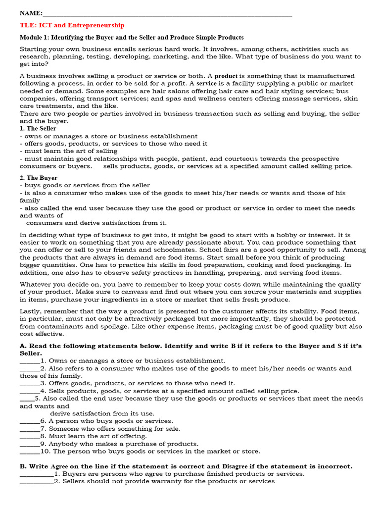 Tle Week1 Activity Pdf Sales Product Business