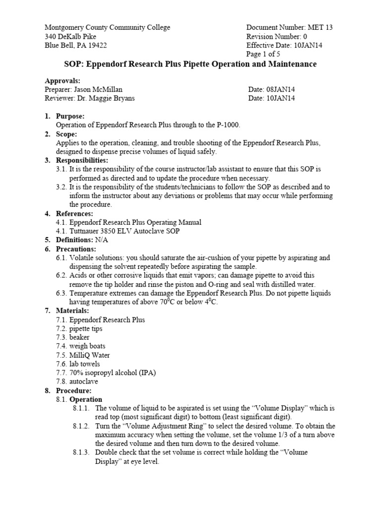 Eppendorf Research Plus Pipette SOP | PDF
