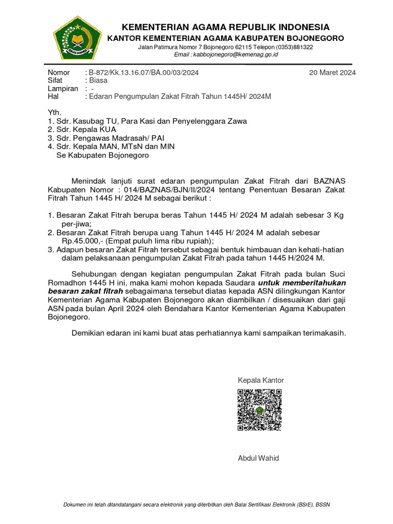 Surat Edaran Zakat Fitrah Tahun 2024 | PDF