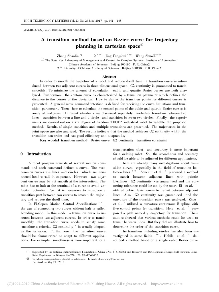 A Transition Method Based On Bezier Curve For Trajectory Planning In Cartesian Space Pdf