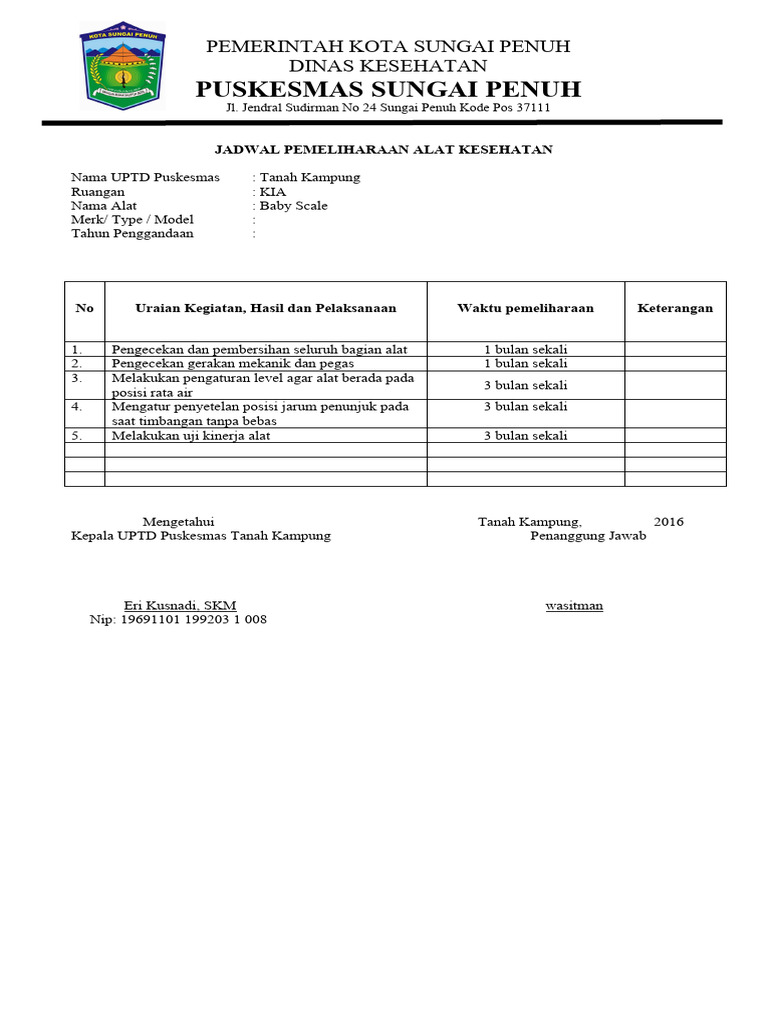 Jadwal Pemeliharaan Alat Kesehatan Pdf
