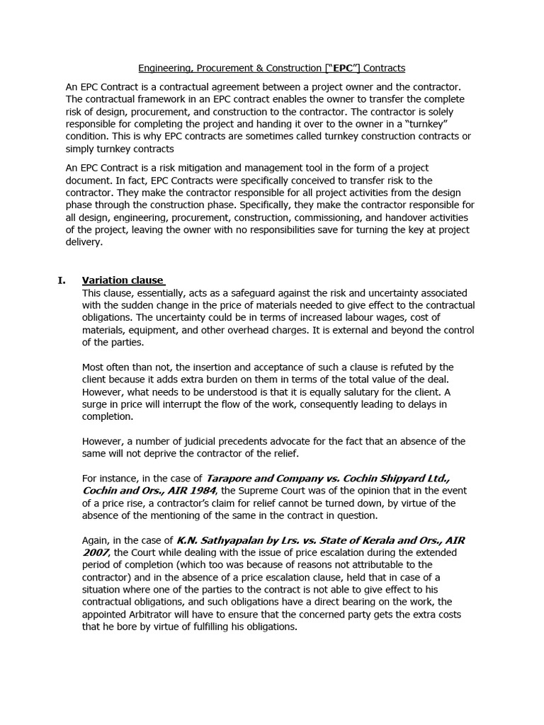 I. Variation Clause: Tarapore and Company vs. Cochin Shipyard LTD ...