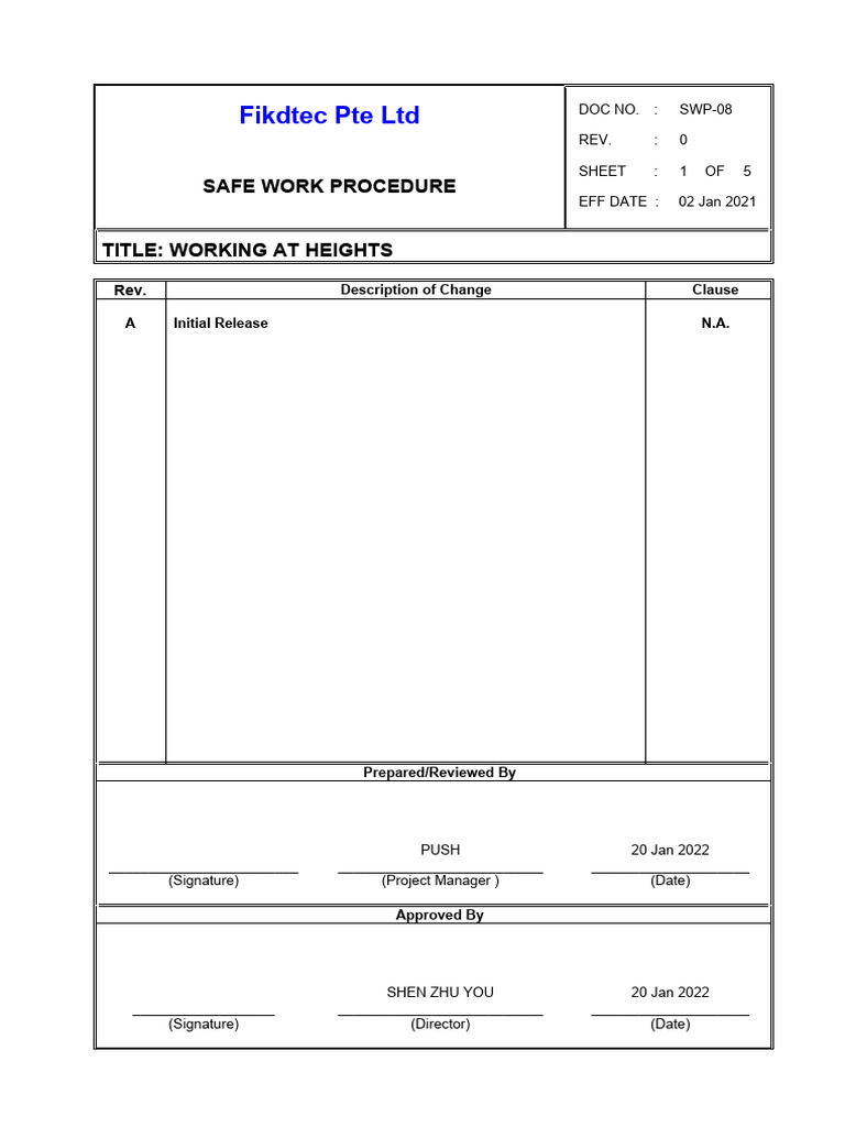 08) SWP-08 Working at Heights | PDF | Personal Protective Equipment ...