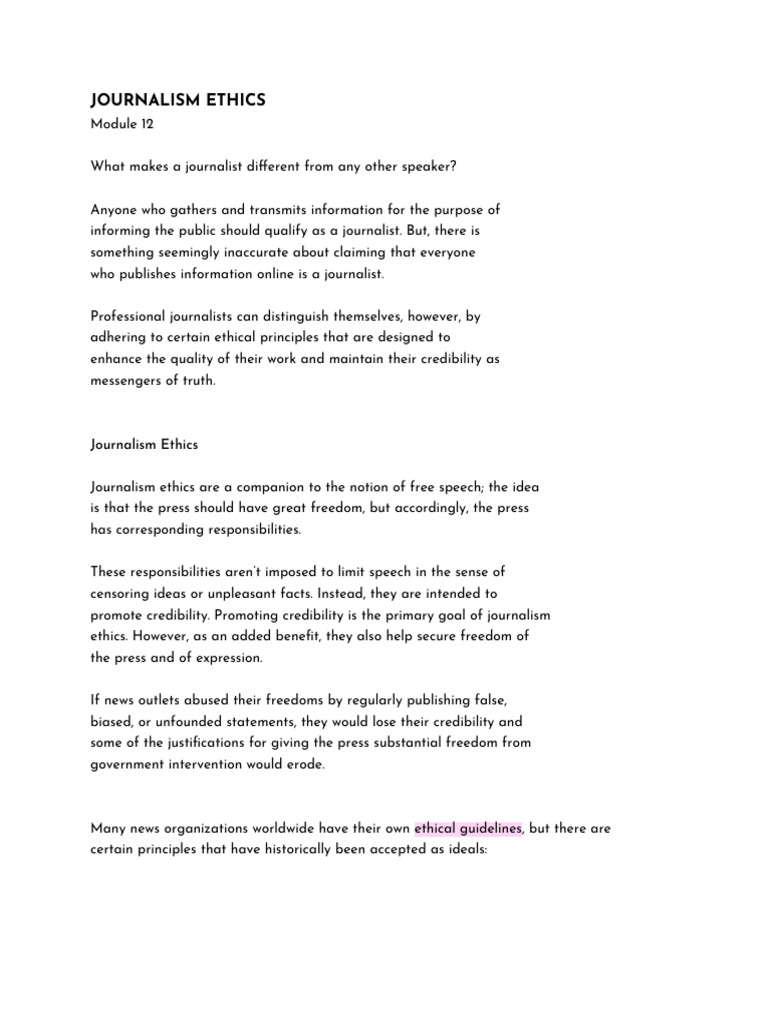 Media Law and Ethics: Module 12 - JOURNALISM ETHICS | PDF | Journalism ...