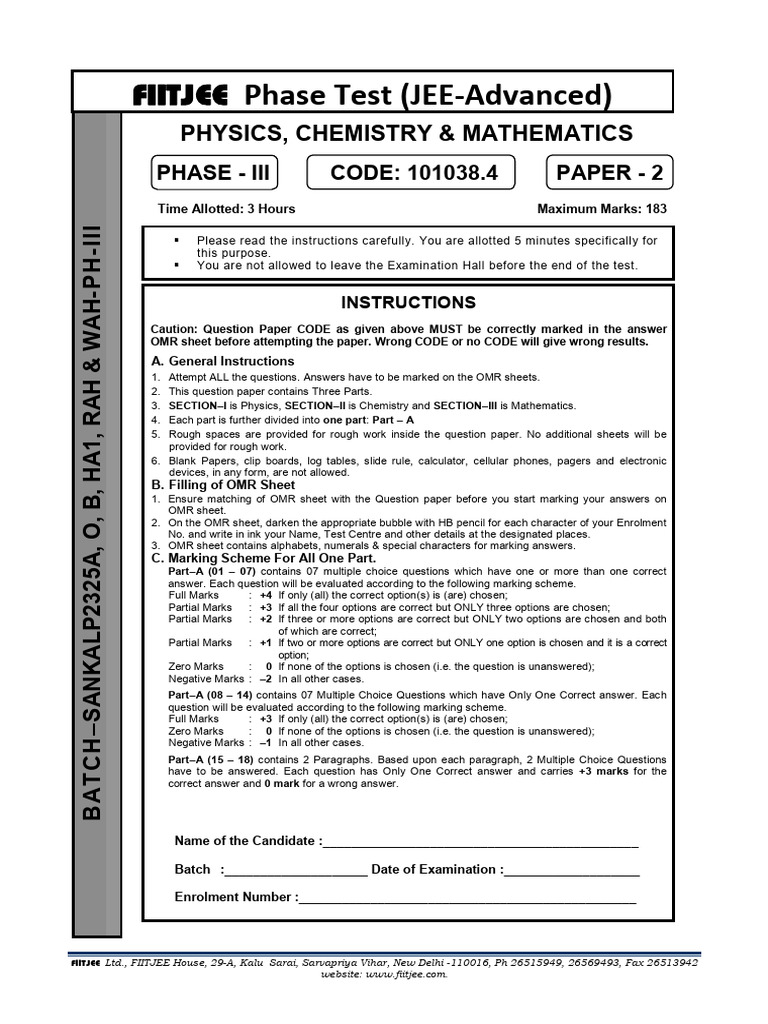 Fiitjee Phase 3 Paper 2 | PDF