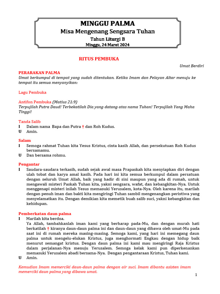 Teks Liturgi Minggu Palma 2024 Tahun B - Revised | PDF