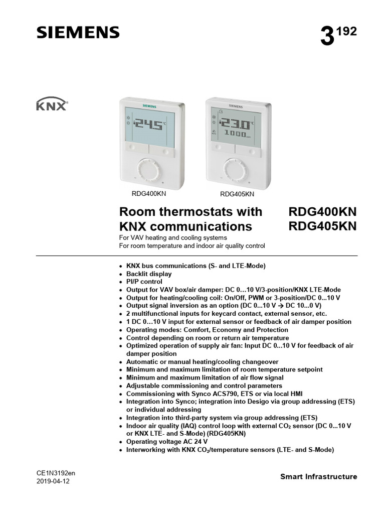 RDG405KN Room Thermostats With KNX Communications | PDF | Thermostat ...