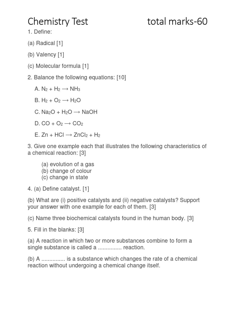 Chemistry Test Paper | PDF