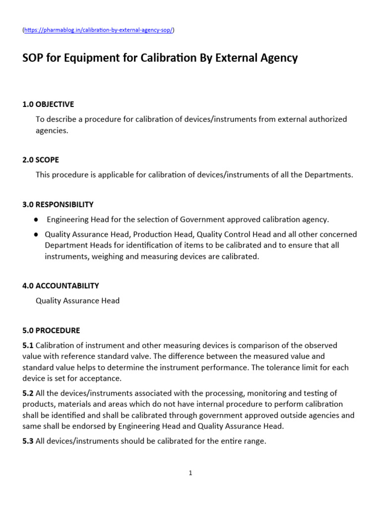 SOP For Equipment Calibration by External Agency | Download Free PDF ...