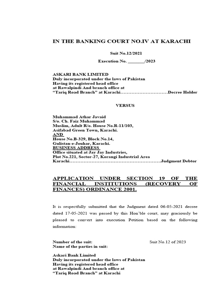 Execution Application Against Judgment Debtor | PDF | Judgment (Law ...