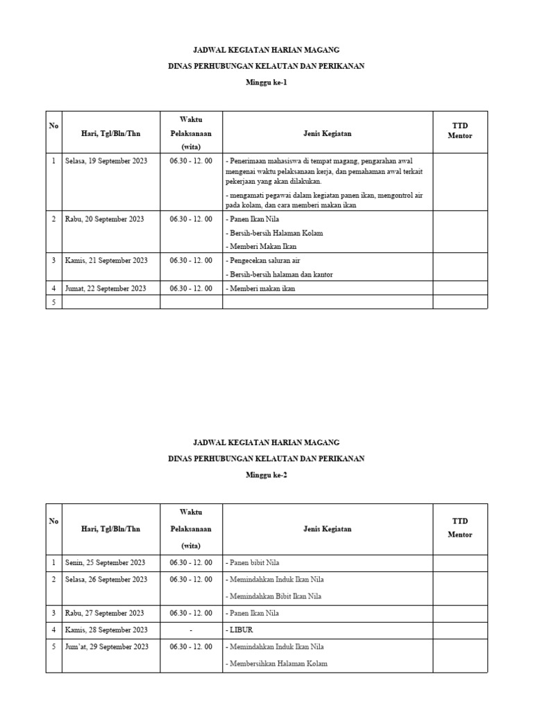 Jadwal Kegiatan Harian Magang (Bbi) | PDF