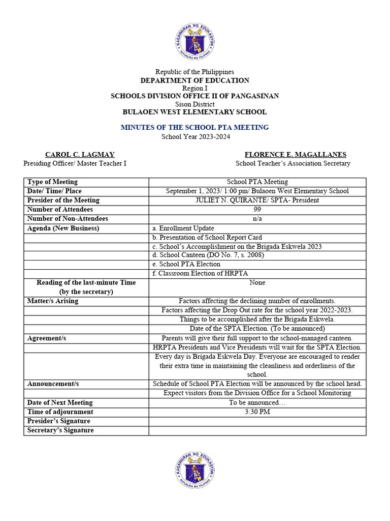 SPTA Minutes of Meeting | PDF | Learning | Behavior Modification