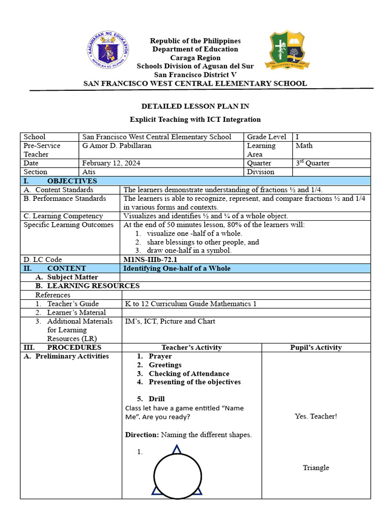 Identifying One-Half of A Whole | PDF | Lesson Plan | Teachers