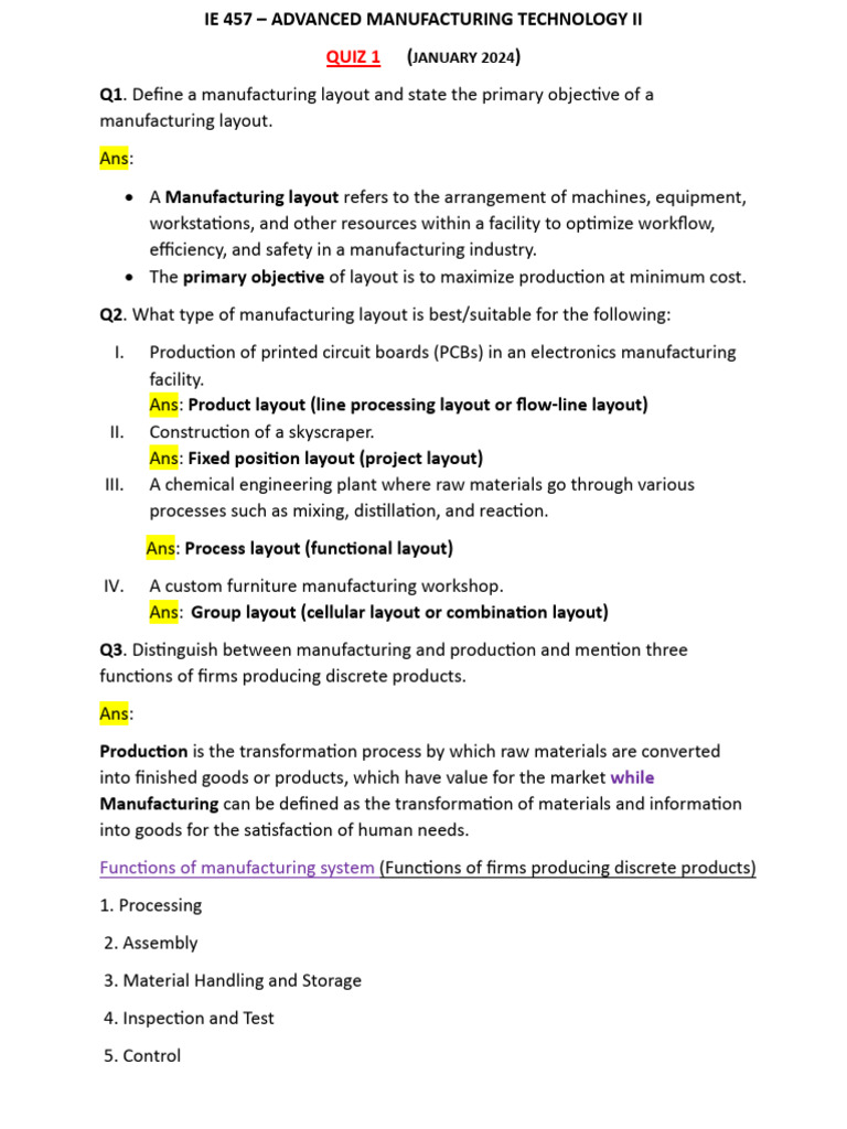 Advanced Manufacturing Quiz Solution and Course Guide - 2024 | PDF
