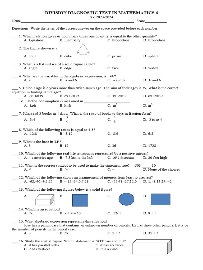 Diagnostic Test in Mathematics 6 | PDF
