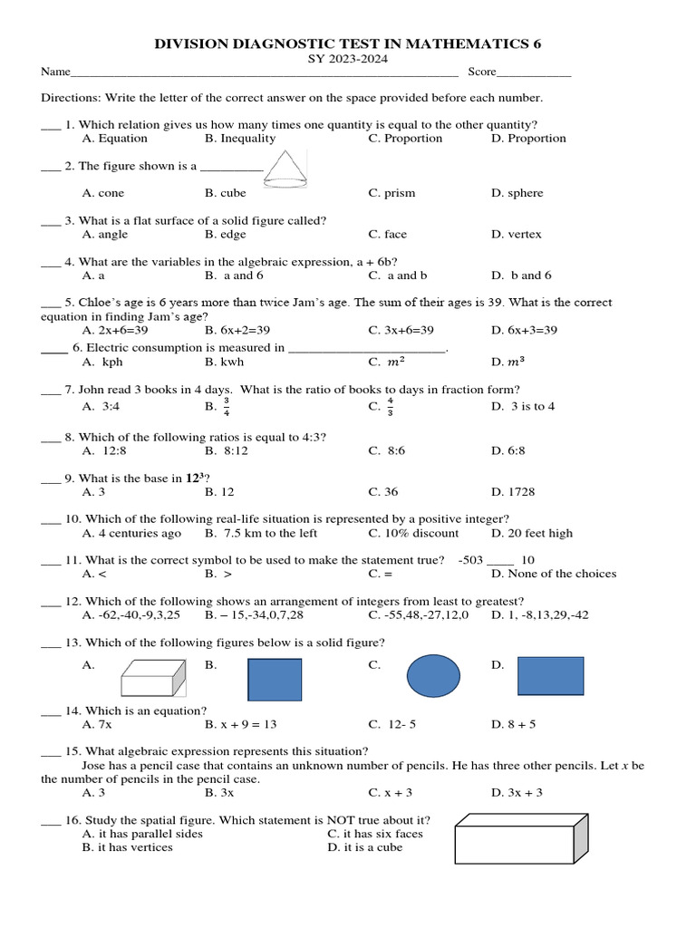 Diagnostic Test in Mathematics 6 | PDF | Area | Ratio