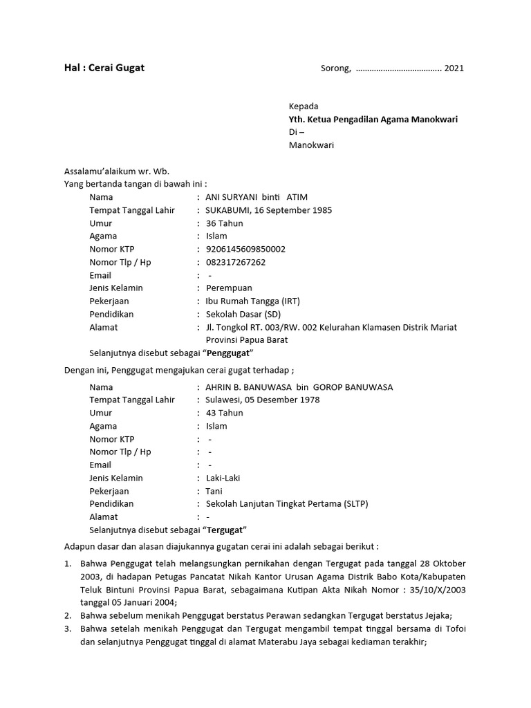 Contoh Surat Cerai Gugat | PDF