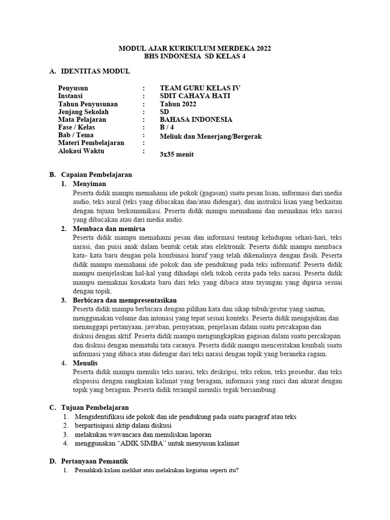 Modul Ajar Bhs Indo Bab 4 Kurikulum Merdeka 2022 Pdf