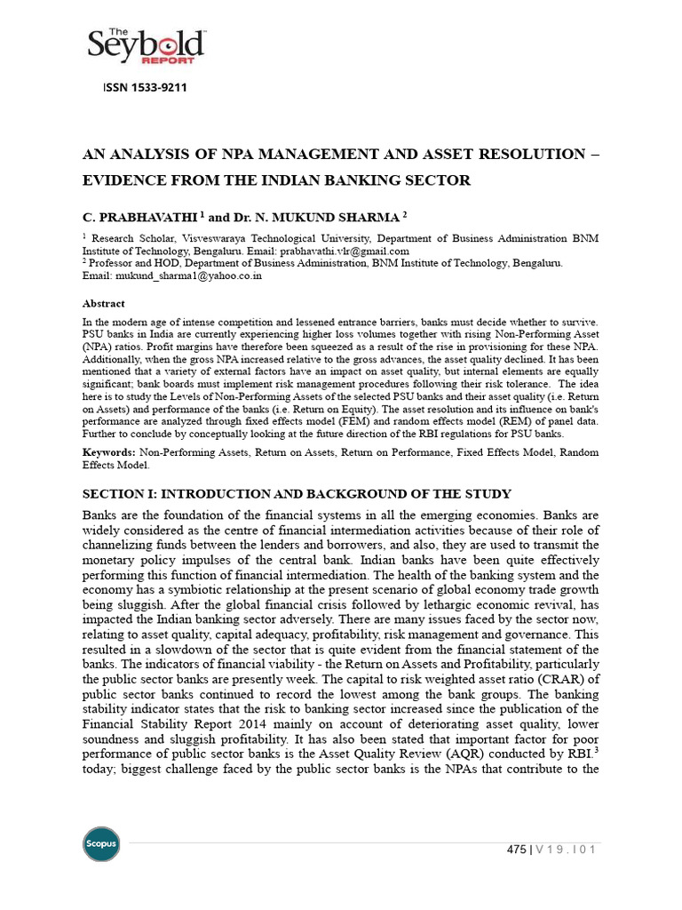An Analysis of Npa Management and Asset Resolution - Evidence From The ...