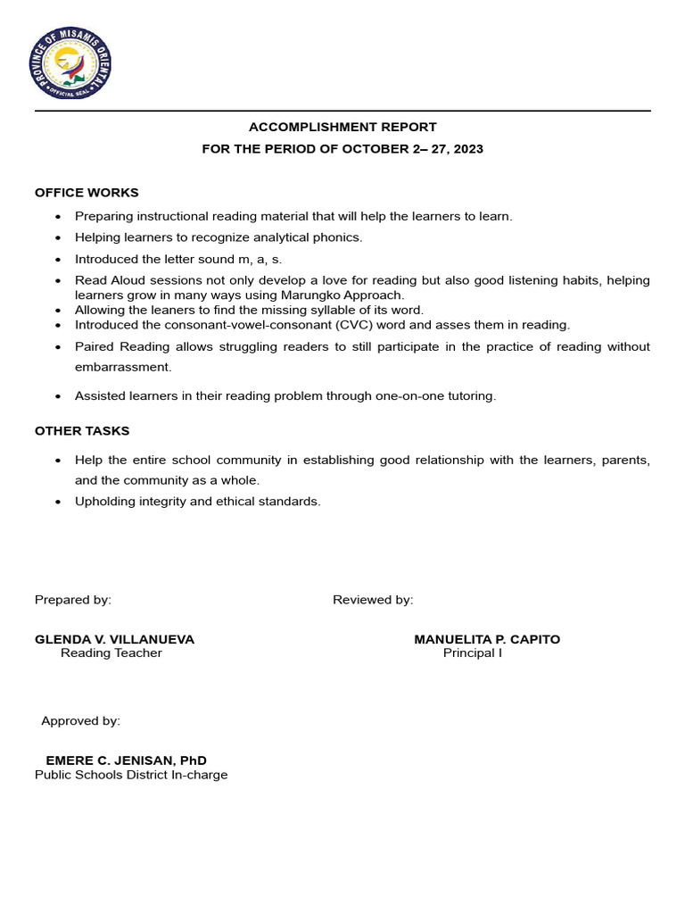 Accomplishment Report For The Month of October Lagonglong | PDF | Phonics | Writing