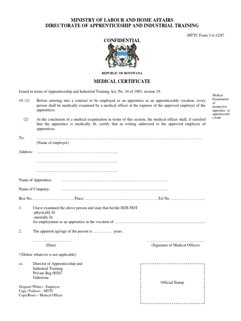 Apprentice Medical Certificate Form | PDF | Apprenticeship | Vocational ...