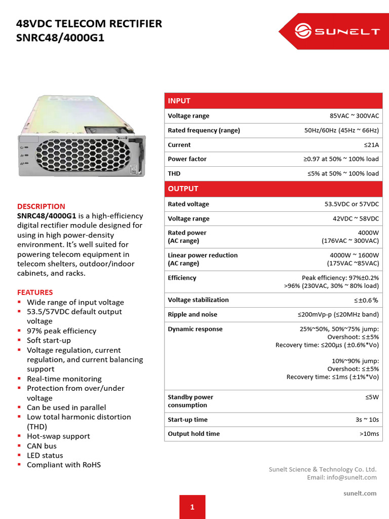 48VDC Telecom Rectifier SNRC48/4000G1 | PDF | Rectifier | Electromagnetism