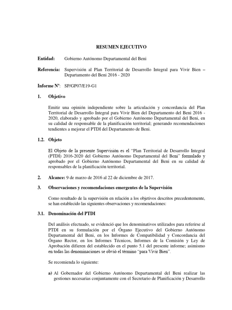 Resumen Ejecutivo Ptdi Gad Beni | PDF | Planificación | Presupuesto