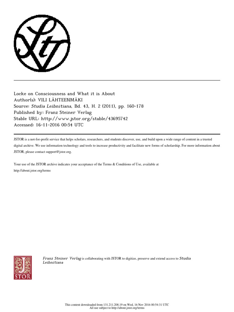 Locke On Consciousness and What It Is About | PDF | Idea | Thought