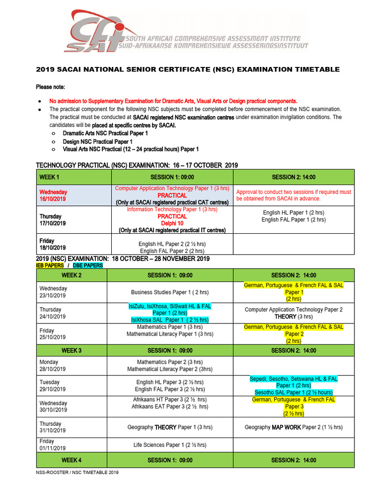 2019 NSC Examination Timetable | PDF | University And College Admission ...