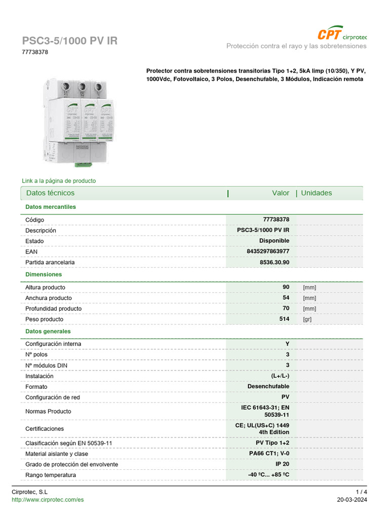 CPT Cirprotec PSC3 5 1000 PV IR 77738378 | PDF