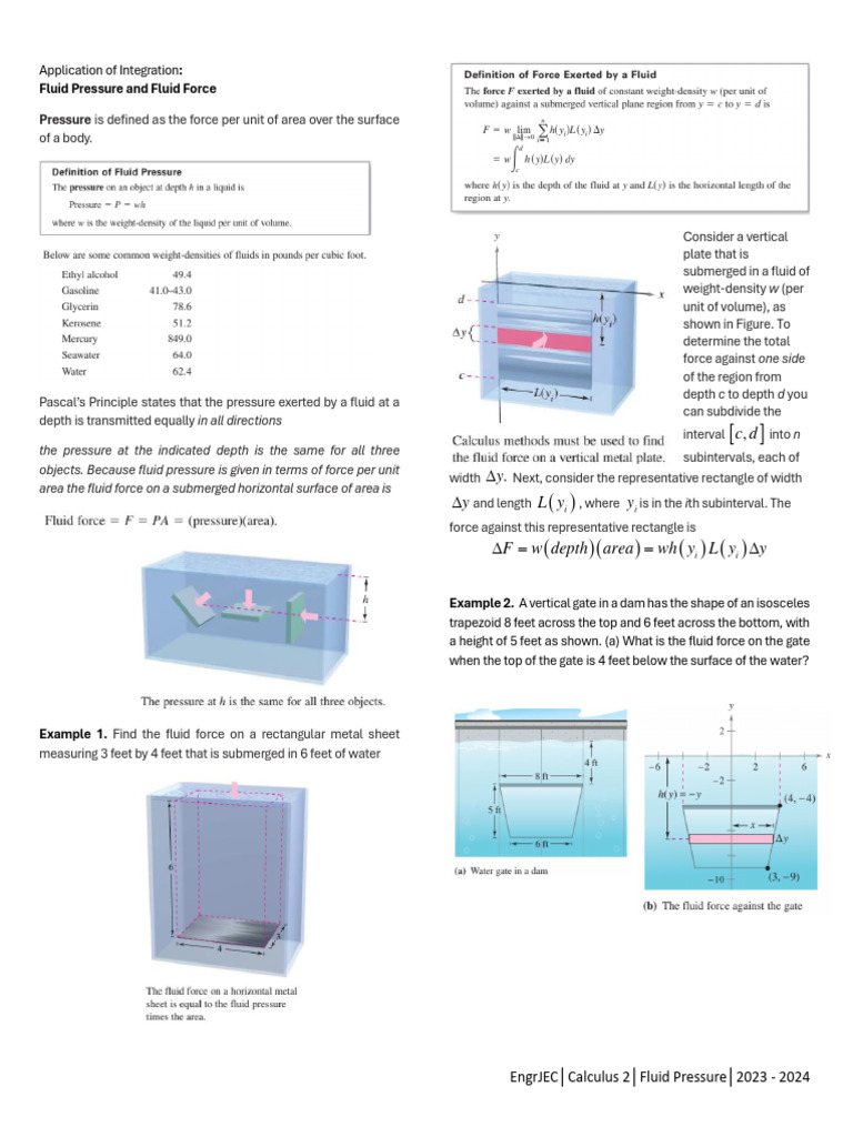 Fluid Pressure and Force Calculations | PDF | Area | Pressure