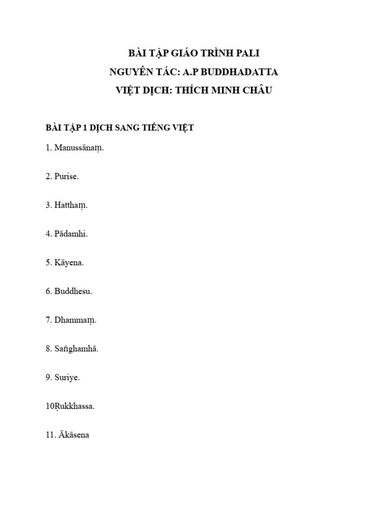 Bai Tap Giao Trinh Pali HT Thich Minh Chau | PDF