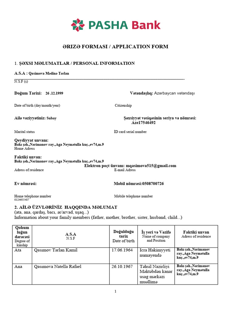PASHA Bank Application Form 1 | PDF