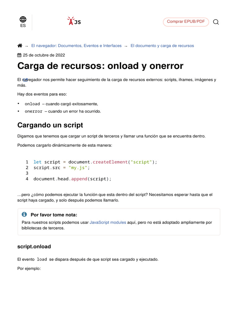 Carga de recursos: onload y onerror | PDF | Lenguaje de escritura | Tecnologías de la información
