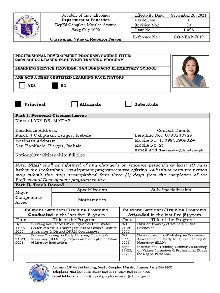 Curriculum Vitae of NEAP Resource Person | PDF