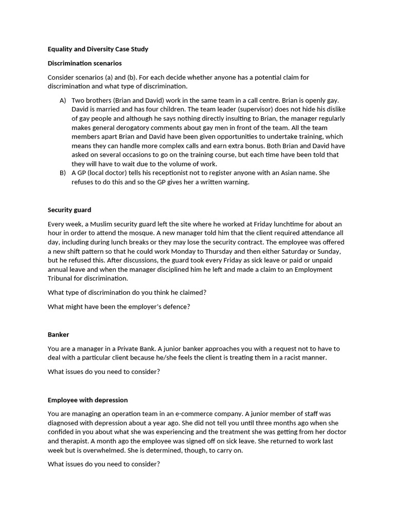 Equality and Diversity Case Study Discrimination Scenarios | PDF ...