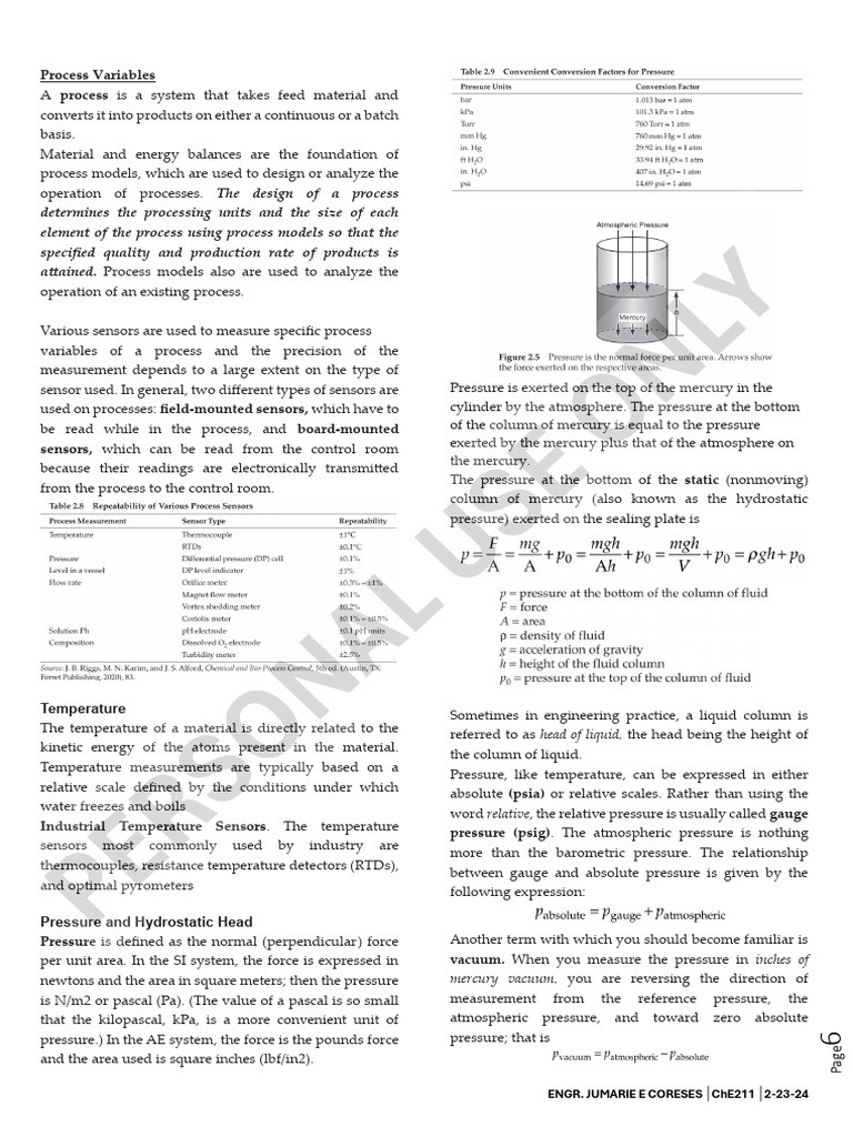 ChE Calc_Process Variables | PDF | Pressure Measurement | Pressure