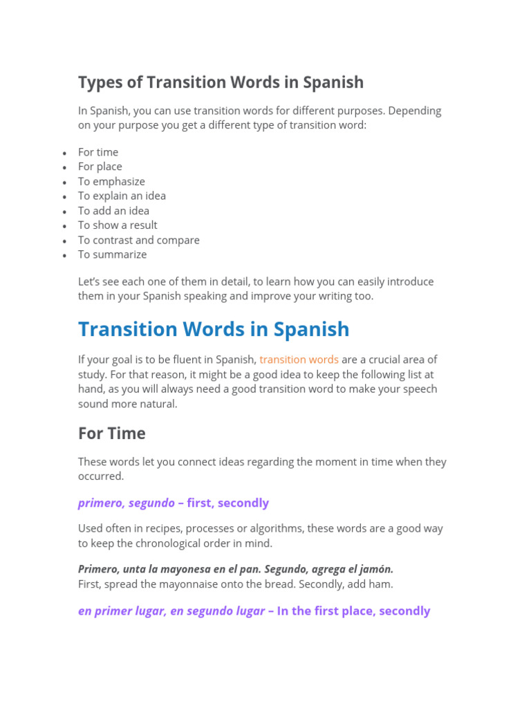 Types of Transition Words in Spanish | PDF