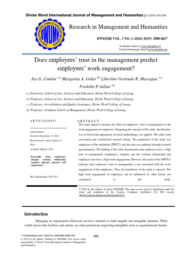Does Employees'Trust in The Management Predict Employees' Work ...