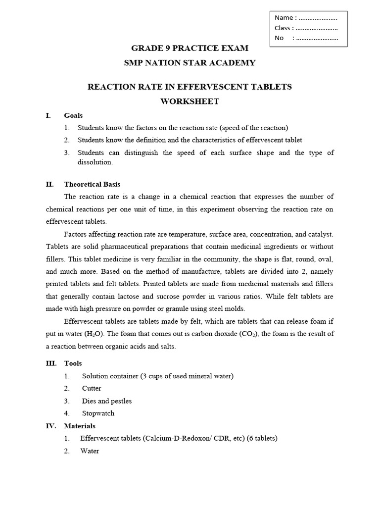 Reaction Rate of Effervescent Tablets | PDF | Tablet (Pharmacy ...