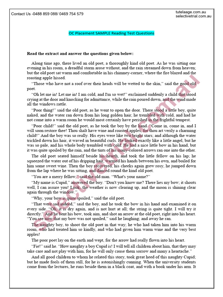 OC Placement SAMPLE Reading Test Questions | PDF