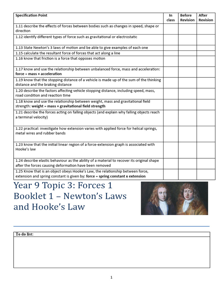 Y9 Forces 1 Booklet 1 - Newton and Hookes Laws STW Huxley | PDF | Force ...