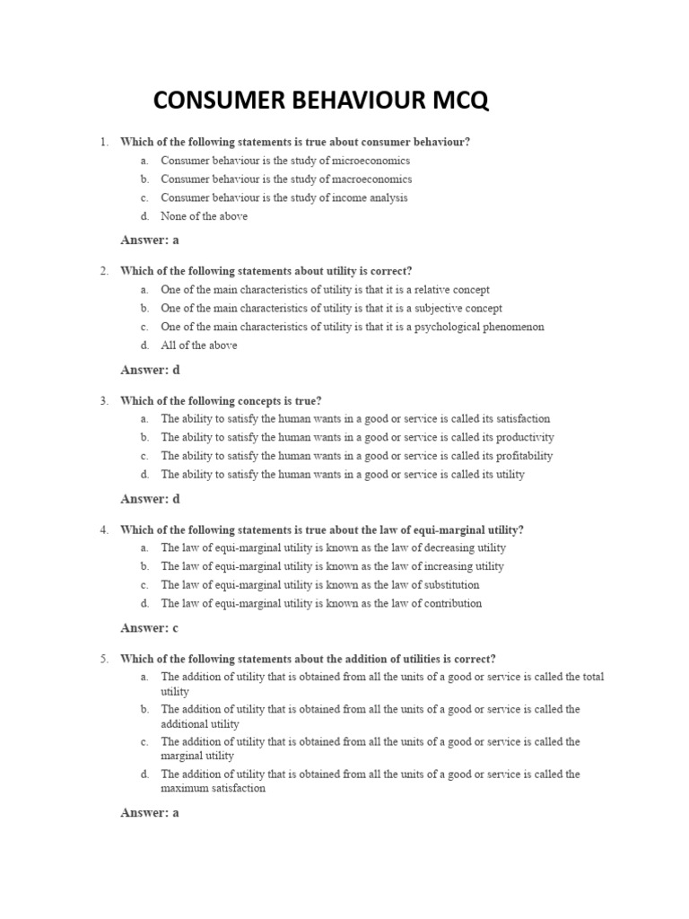 Consumer Behaviour MCQ | PDF | Demand | Utility