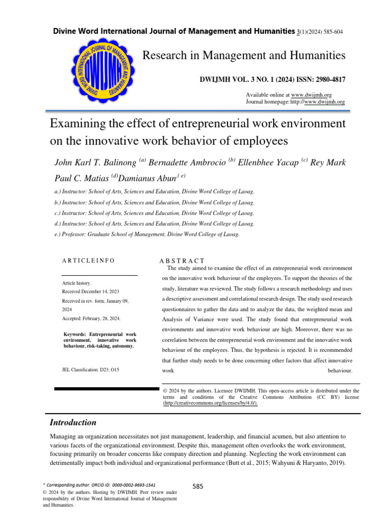 Entrepreneurial Work Environment Impact | PDF