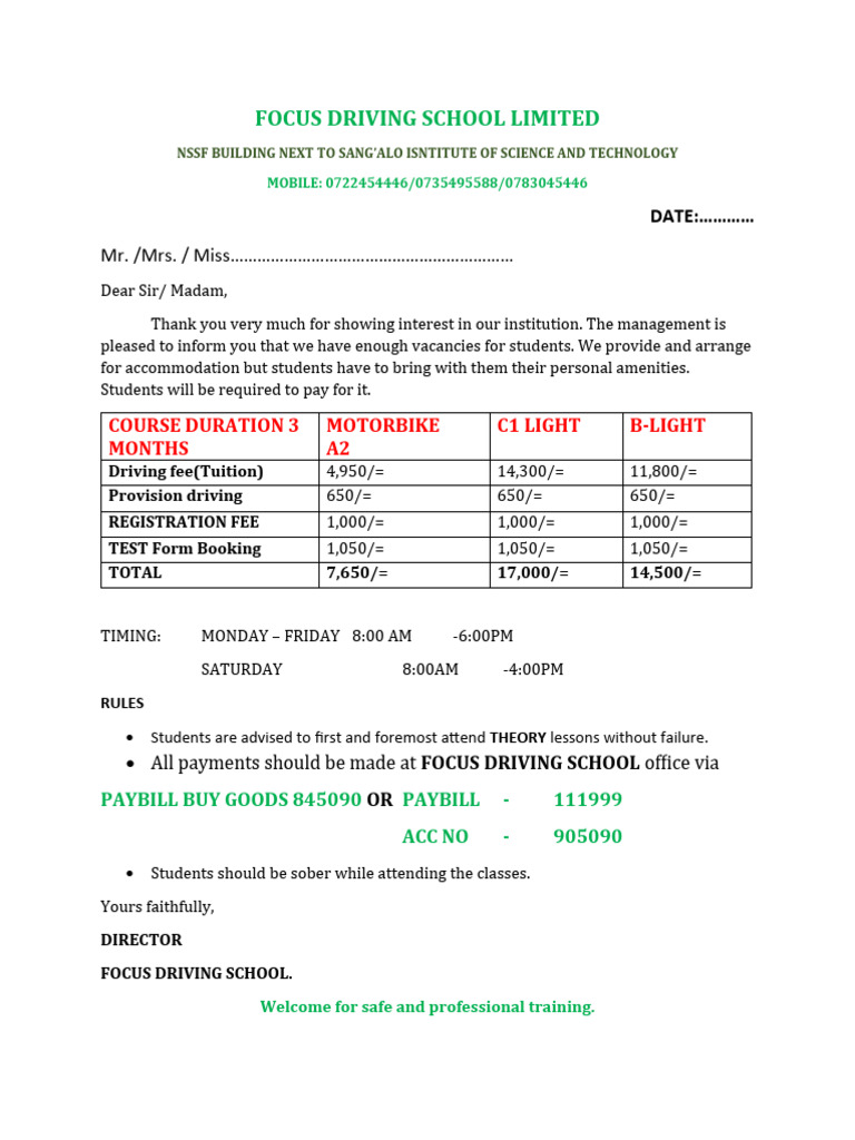 Focus Driving School Fee Structure | PDF