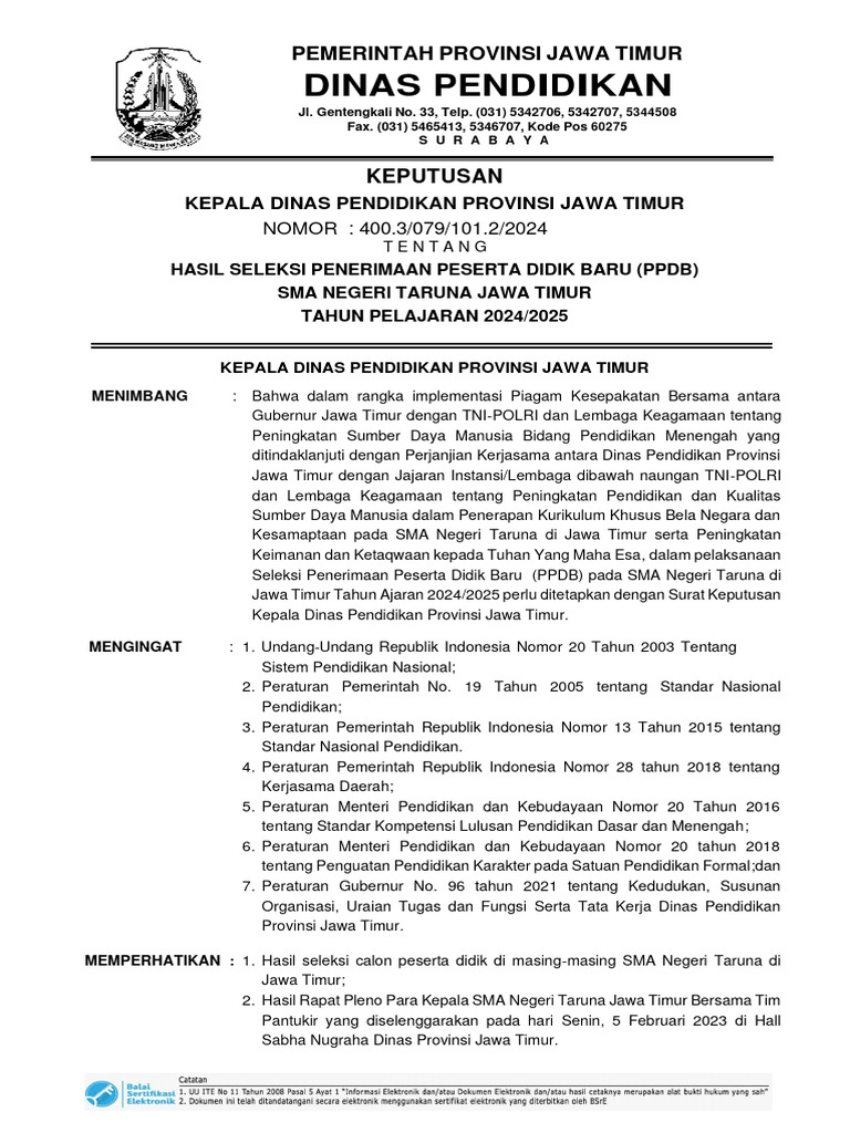 Pengumuman Hasil Seleksi Akhir PPDB Sman Taruna Nala Jatim Tahun Ajaran 2024 - 2025 | PDF