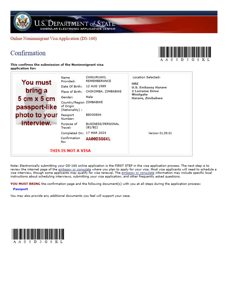Nonimmigrant Visa - Confirmation Page Chikuruwo - Copy | PDF | Travel ...