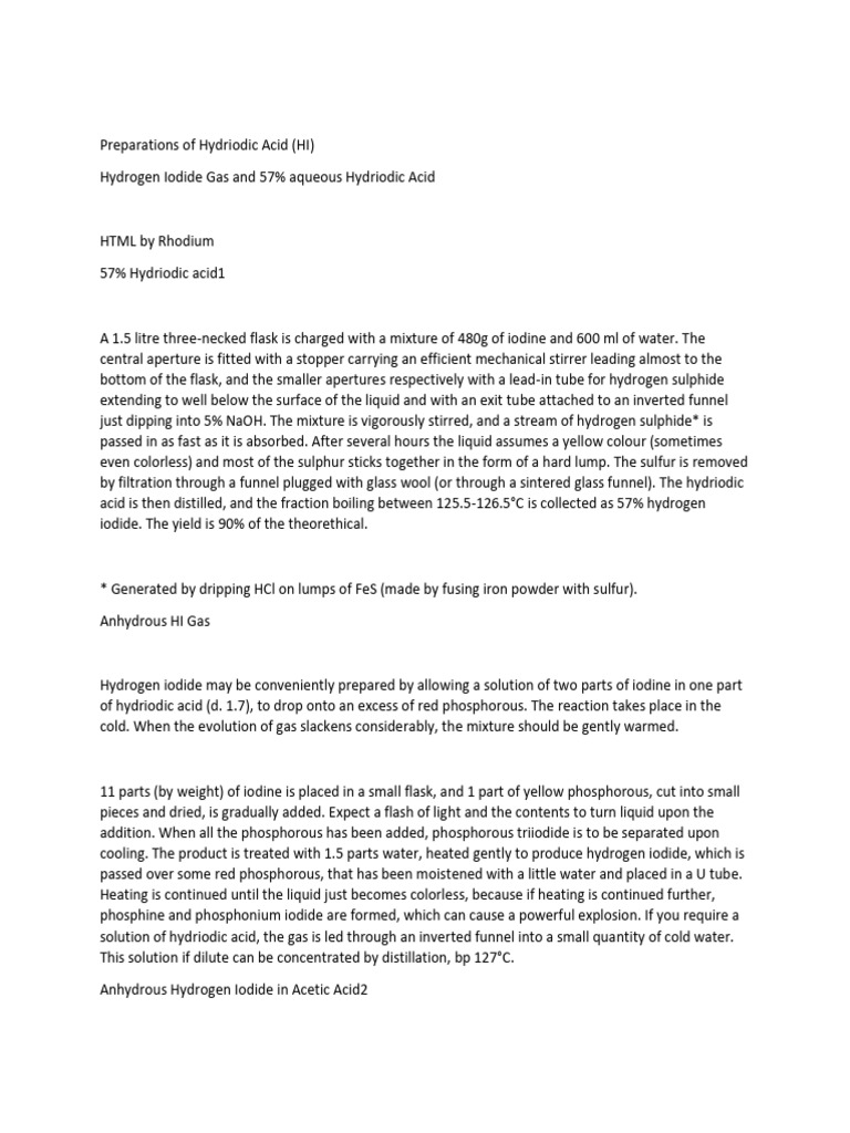 Hydriodic Acid Preparation Methods | PDF | Iodine | Acid