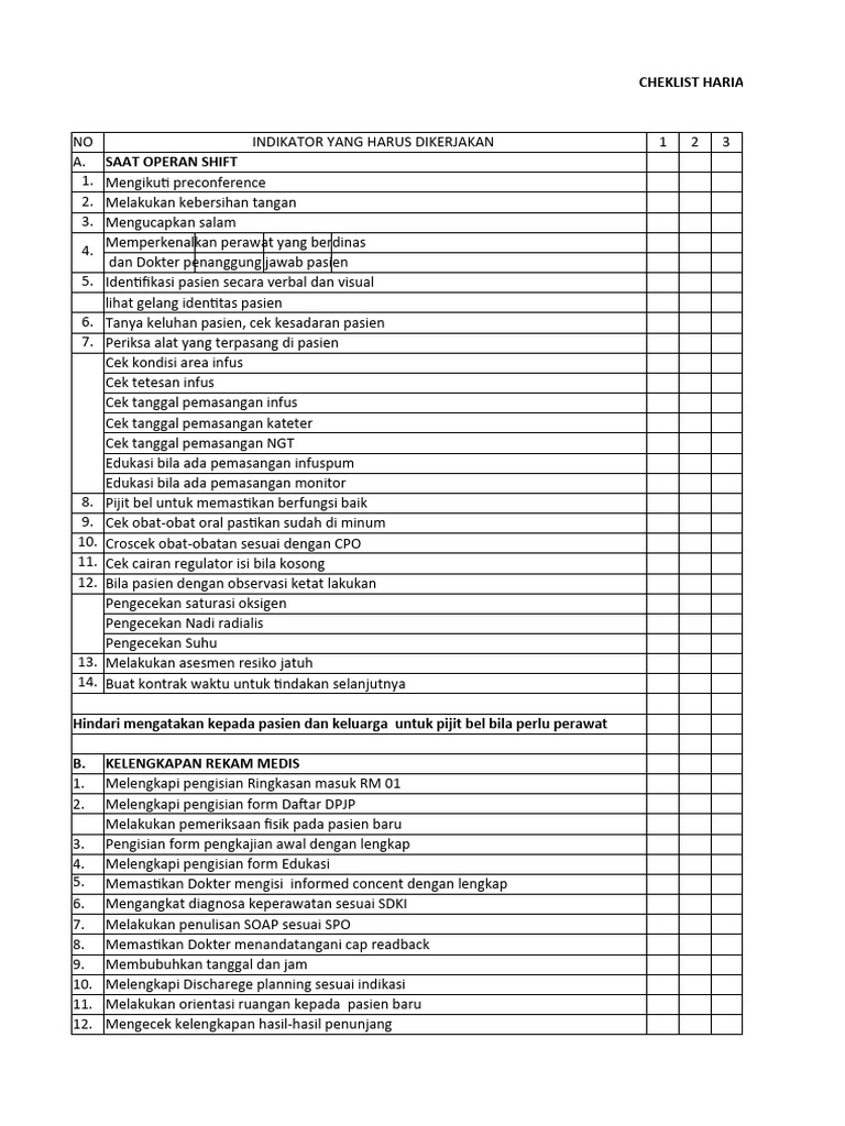Cheklist Harian Perawat Ppja | PDF